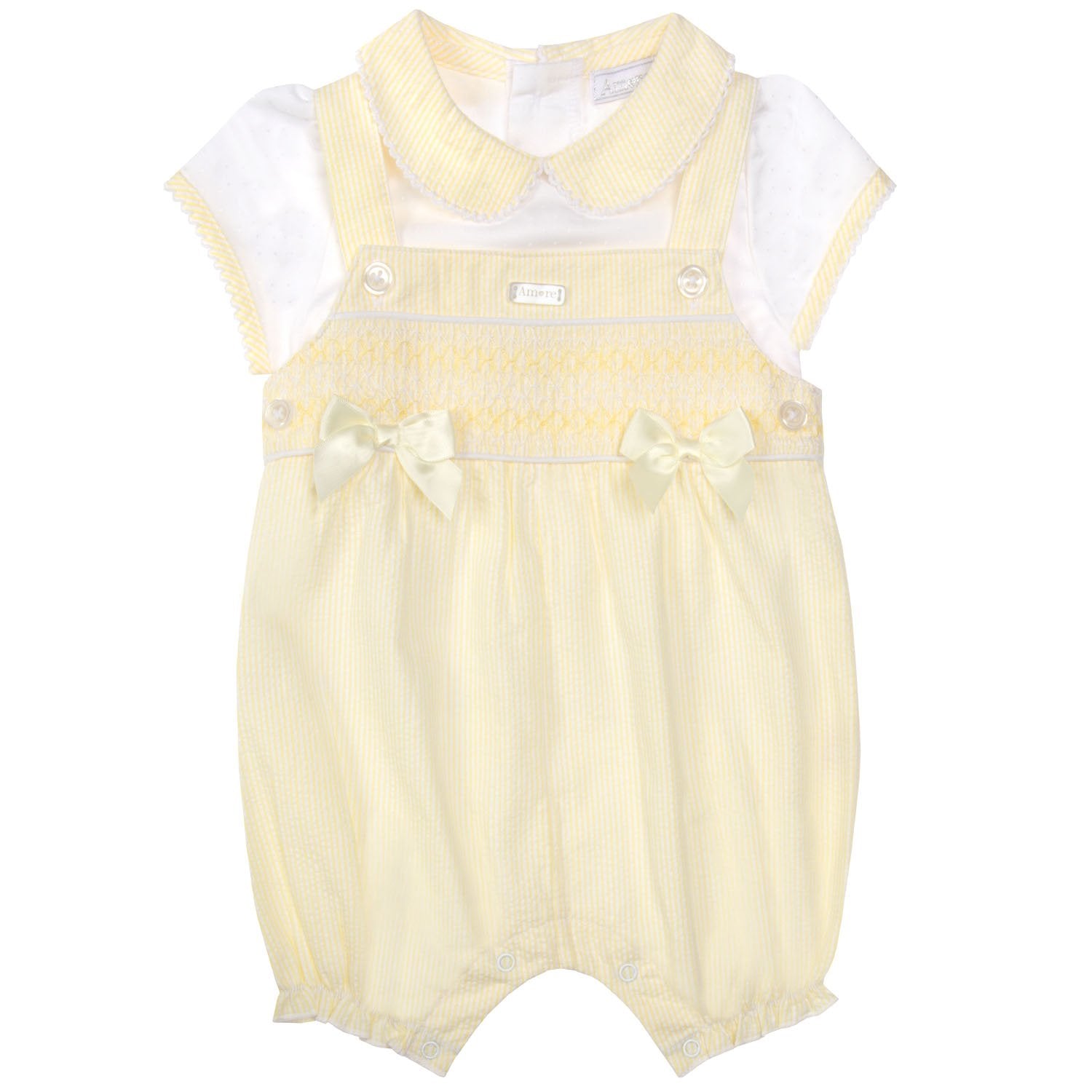 Girls Two Piece Lemon & White Smocked Dungaree & Top Set With Bows - 8 ...