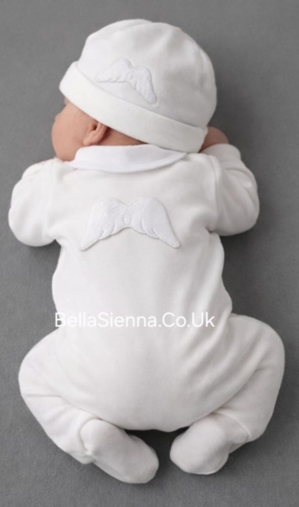 Unisex White Velour Angel Wings All In One Babygrow With Matching Hat ...