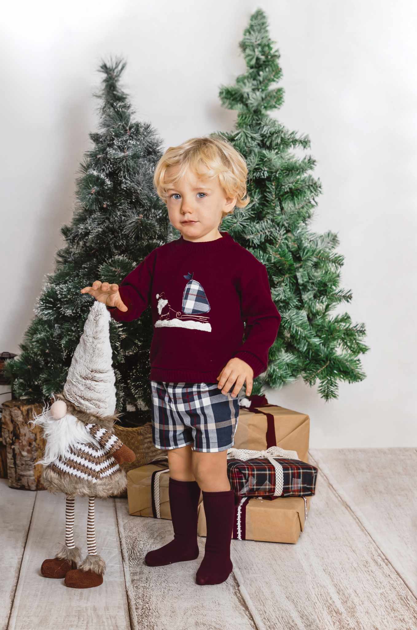 Calamaro Boys Burgundy & Navy Check Christmas Jumper & Shorts Set - 17 ...